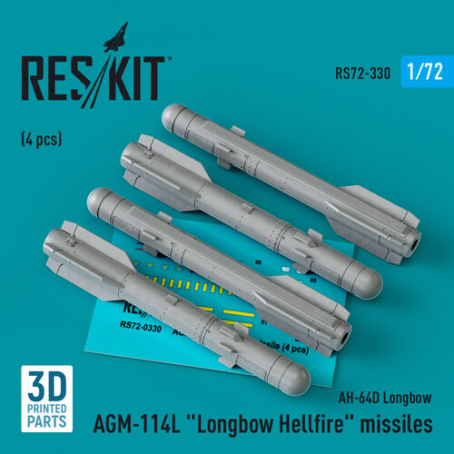 RES/KIT 72-0330 AGM-114L 'Longbow Hellfire' Missiles (4pcs) (AH-64D Longbow) (3D Printed)