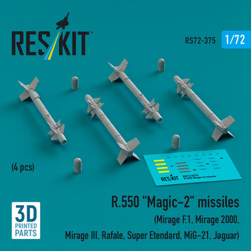 RES/KIT 72-0375 R.550 'Magic-2' Missiles (4 pcs) (Mirage F.1, Mirage 2000, Mirage III, Rafale, Super Etendard, MiG-21, Jaguar) (3D Printed)