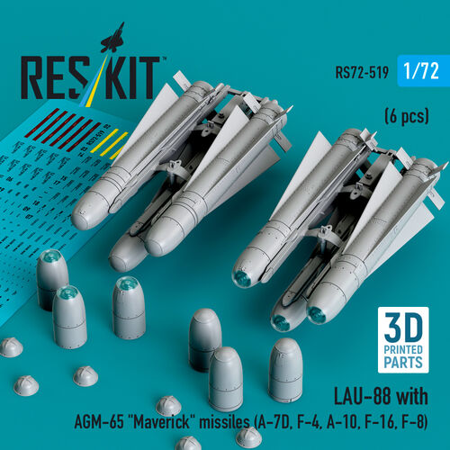 RES/KIT 72-0519 LAU-88 With (2pcs) AGM-65 'Maverick' Missiles (6pcs) (A-7D, F-4, A-10, F-16) (3D Printed)