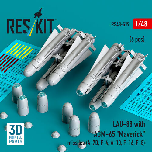 RES/KIT 48-0519 LAU-88 With (2pcs) AGM-65 'Maverick' Missiles (6pcs) (A-7D, F-4, A-10, F-16) (3D Printed)