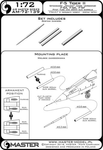 Master AM-72-139 F-5 Tiger II "Freedom Fighter" (standard nose versions) - F-5A, E, F - Pitot Tube and 20mm gun barrels