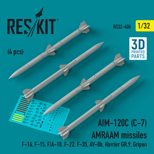 RES/KIT 32-0406 AIM-120C (C-7) AMRAAM Missiles (4pcs) (F-16, F-15, F/A-18, F-22, F-35, AV-8B, Harrier GR.9, Gripen) (3D Printed)
