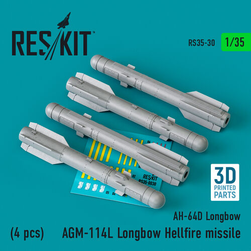 RES/KIT 35-0030 AGM-114L 'Longbow Hellfire' Missiles (4pcs) (AH-64D Longbow) (3D Printed)