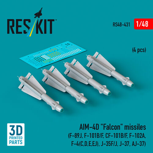 RES/KIT 48-0431 AIM-4D 'Falcon' Missiles (4pcs) (F-89J, F-101B/F, CF-101B/F, F-102A, F-4(C, D, E, EJ), J-35F/J, J-37, AJ-37) (3D Printed)