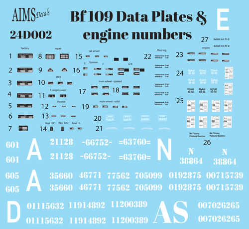 Aims 24D002 Messerschmitt Bf-109 E/F/G/K - Data Plates and Engine Numbers