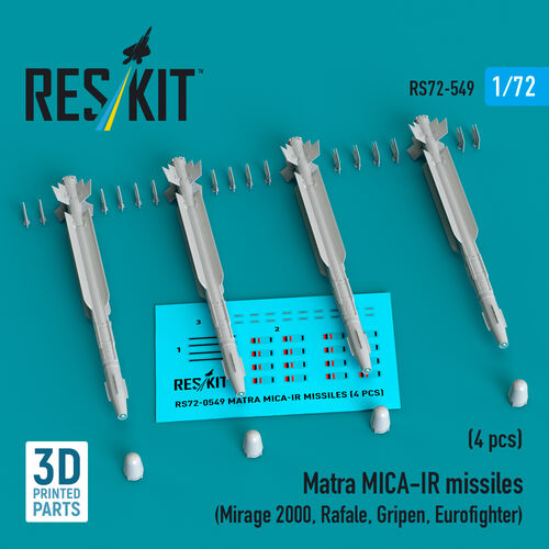 RES/KIT 72-0549 Matra MICA-IR missileMatra MICA-IR Missiles (4pcs) (Mirage 2000, Rafale, Gripen, Eurofighter) (3D Printed)s (4 pcs) (Mirage 2000, Rafale, Gripen, Eurofighter) (3D Printed) (1/72)