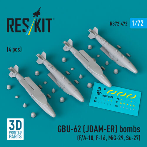 RES/KIT 72-0472 GBU-62 (JDAM-ER) Bombs (4 pcs) (F/A-18, F-16, MiG-29, Su-27) (3D Printed)