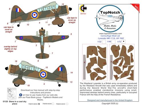 TopNotch 72-M240 Westland Lysander Mk.III A - RAF 1942 Camouflage Pattern Paint Mask (for Airfix, Dora Wings, Eastern Express and FROG kits)