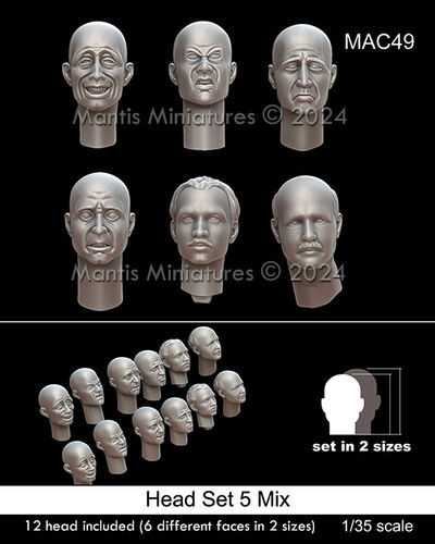 Mantis Miniatures MAC49 Head Set 5 Mix - 12 Heads Included (6 Different Faces In Two Sizes)