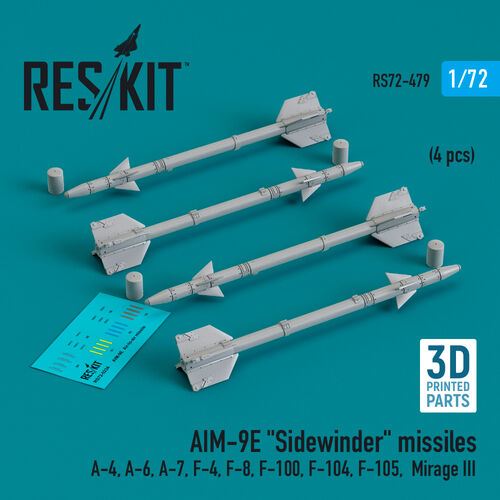 RES/KIT 72-0479 AIM-9E 'Sidewinder' Missiles (4pcs) (A-4, A-6, A-7, F-4, F-8, F-100, F-104, F-105, Mirage III) (3D Printed)