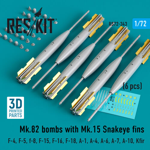 RES/KIT 72-0343 Mk.82 Bombs With Mk.15 Snakeye Fins (6 pcs) (F-4, F-5, F-8, F-15, F-16, F-18, A-1, A-4, A-6, A-7, A-10, Kfir)