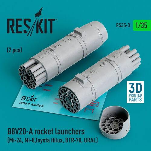 RES/KIT 35-0003 B8V20-A Rocket Launchers (2pcs) (Mi-24, Mi-8, Toyota Hilux, BTR-70, URAL) (3D Printed)