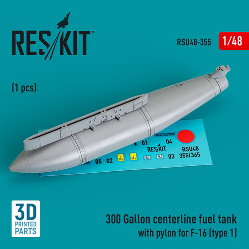 RES/KIT U48-0355 300 Gallon Centerline Fuel Tank with Pylon For F-16 (Type 1) (1pc) (3D Printed)
