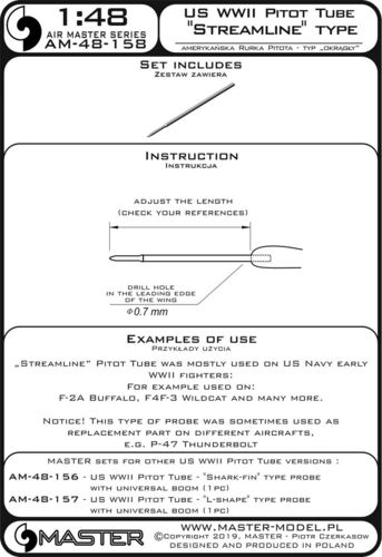Master AM-48-158 US WWII Pitot Tube - "Streamline" type probe (1 pc) - mainly used on US Navy early aircrafts (e.g. F-2A Buffalo, F4F-3 Wildcat)