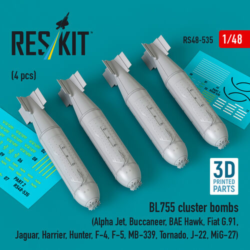 RES/KIT 48-0535 BL755 Cluster Bombs (4pcs) (Alpfa Jet, Buccaneer, BAE Hawk, Fiat G.91, Jaguar, Harrier, Hunter, F-4, F-5, MB-339, Tornado, J-22, MiG-27) (3D Printed)