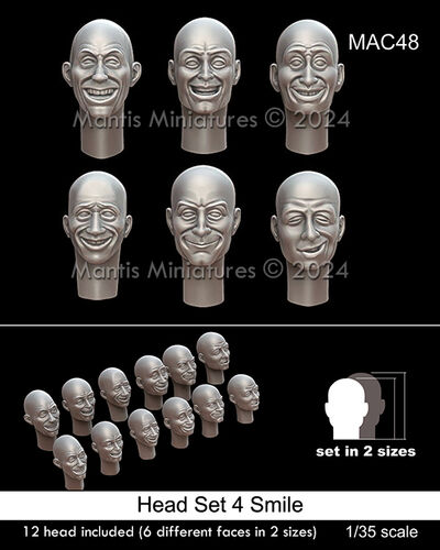 Mantis Miniatures MAC48 Head Set 4 Smile - 12 Heads Included (6 Different Faces In Two Sizes)