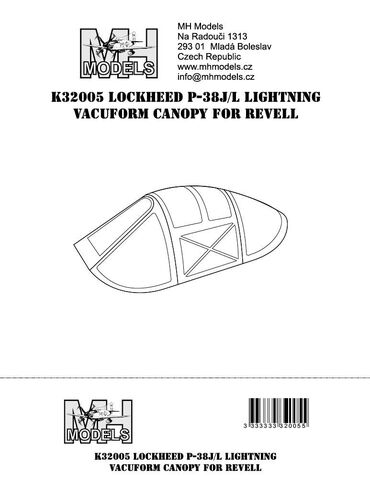 MH Models K32005 Lockheed P-38J/L Lightning Vacuform Canopy For Revell