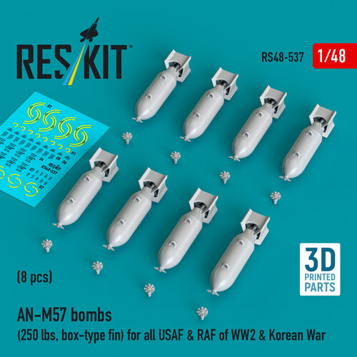 RES/KIT 48-0537 AN-M57 Bombs (250 lbs, Box-Type Fin) For All USAF & RAF Of WW2 & Korean War (8pcs) (3D Printed)