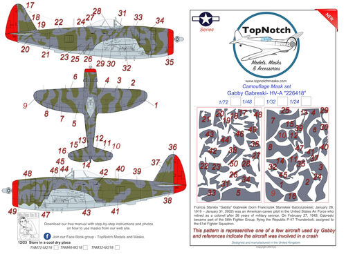 TopNotch 72-M218 Republic P-47D Thunderbolt 'Bubble top' Gabreski - HV-A '226418' Camouflage pattern paint mask