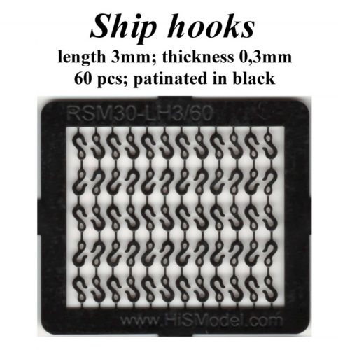 HiSModel PE-LH3-60x-B Ship hooks heigth 3mm/ thickness 0,3mm/ 60pcs - black patinated