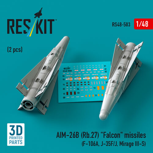 RES/KIT 48-0503 AIM-26B (Rb.27) 'Falcon' Missiles (2pcs) (F-106A, J-35F/J, Mirage III-S) (3D Printed)