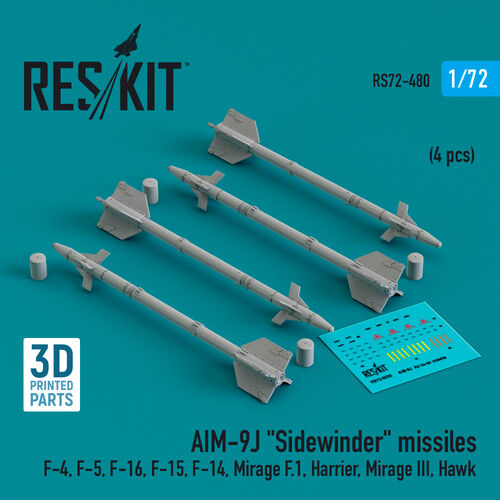 RES/KIT 72-0480 AIM-9J 'Sidewinder' Missiles (4pcs) (F-4, F-5, F-16, F-15, F-14, Mirage F.1, Harrier, Mirage III, Hawk) (3D Printed)