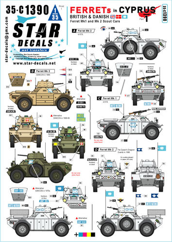 Star-Decals 35-C1390 Ferrets In Cyprus #1 - British and Danish Ferret Mk 1 And Mk 2 Scout Cars - 4 RTR, The Queens Dragoon Guards And DANCON