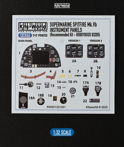 Kits World 3D1321051 Supermarine Spitfire Mk.Vb - Full colour Instrument Panel (designed to be used with Hobby Boss 83205 kit)