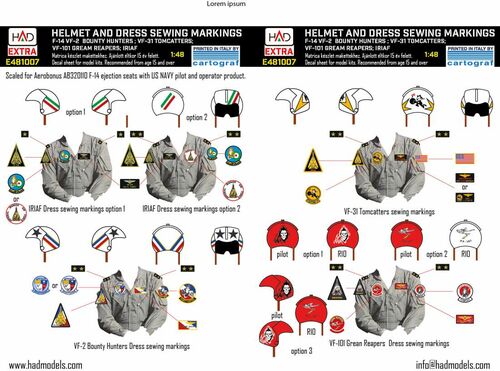 HAD Models E481007 F-14A/D helmet and dress sewing markings VF-2, VF-101, VF-31 decal sheet