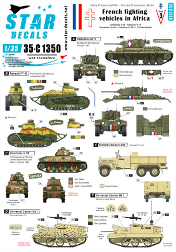 Star-Decals 35-C1350 French fighting vehicles in Africa. Hotchkiss H 39, Renault FT-17, Universal Carrier, Valentine III Mk V.