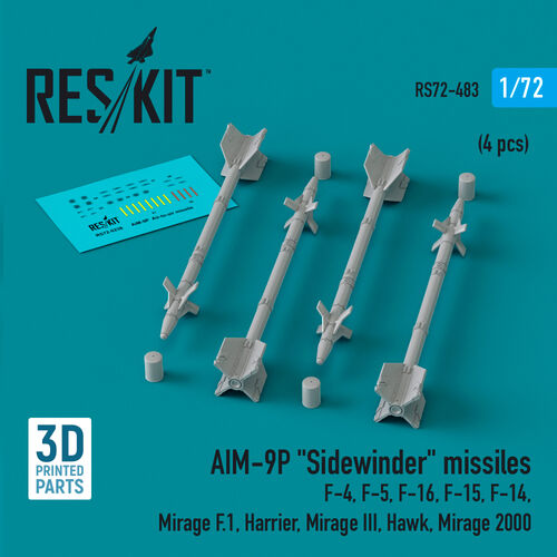 RES/KIT 72-0483 AIM-9P 'Sidewinder' Missiles (4pcs) (F-4, F-5, F-16, F-15, F-14, Mirage F.1, Harrier, Mirage III, Hawk, Mirage 2000) (3D Printed)