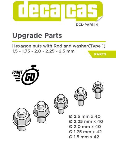 Decalcas PAR144 Hexagon Nuts with Rod and Washer Type 1 - 1.5 / 1.75 / 2.0 / 2.25 and 2.5 mm (204 pcs)