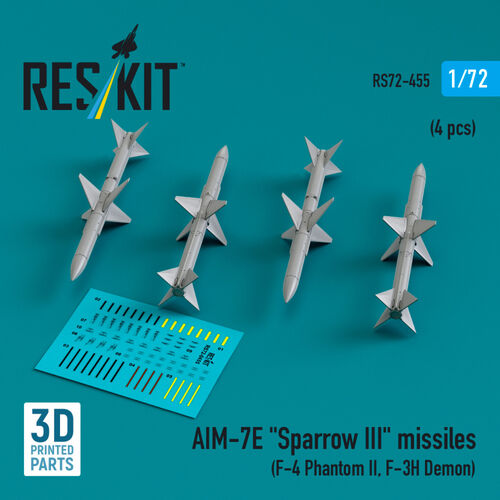 RES/KIT 72-0455 AIM-7E 'Sparrow III' Missiles (4 pcs) (F-4 Phantom II, F-3H Demon) (3D Printed)