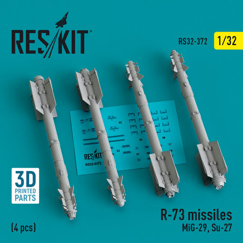 RES/KIT 32-0372 R-73 Missiles (4pcs) (MiG-29, Su-27) (3D Printed)