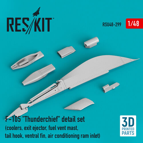 RES/KIT U48-0299 F-105 'Thunderchief' Detail Set (Coolers, Exit Ejector, Fuel Vent Mast, Tail Hook, Ventral Fin, Air Conditioning Ram Inlet)