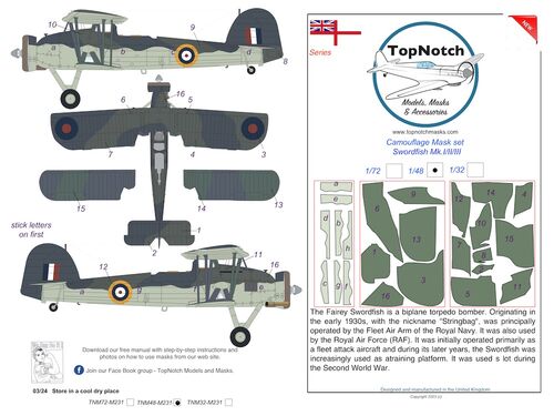 TopNotch 48-M231 Fairey Swordfish Mk.I / Mk.II / Mk.III - Camouflage Mask Set (for Tamiya kits)