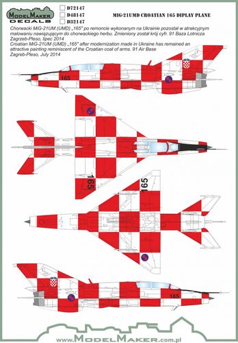 Model Maker Decals D72147 MiG-21UMD CROATIAN 165 Display Plane
