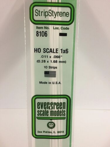 Evergreen 08106 "O" Scale Polystyrene Strip (35 cm) 0,28 x 1,67 mm (1 x 6) (1 pc)