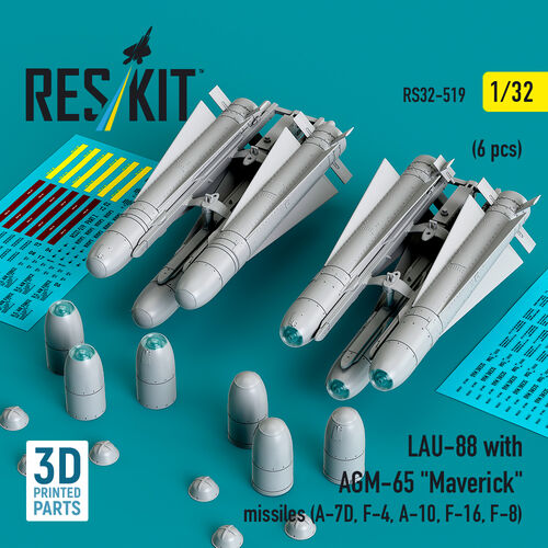 RES/KIT 32-0519 LAU-88 With (2pcs) AGM-65 'Maverick' Missiles (6pcs) (A-7D, F-4, A-10, F-16) (3D Printed)