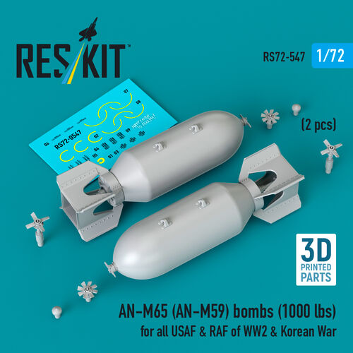 RES/KIT 72-0547 AN-M65 (AN-M59) Bombs (1000 lbs) For All USAF & RAF Of WW2 & Korean War (2pcs) (3D Printed)