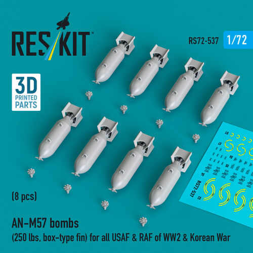 RES/KIT 72-0537 AN-M57 Bombs (250 lbs, Box-Type Fin) For All USAF & RAF Of WW2 & Korean War (8pcs) (3D Printed)