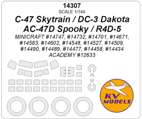 KV Models 14307 C-47 Skytrain / DC-3 Dakota / AC-47D Spooky / R4D-5 - Painting Masks (for Academy and Minicraft Kits)