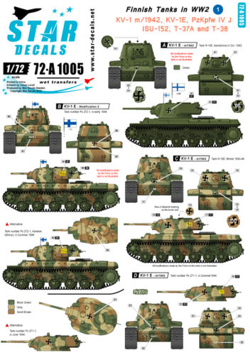 Star-Decals 72-A1005 Finnish Tanks in WW2 # 1. KV-1, Pz IV, ISU-152, T-37 and T-38,