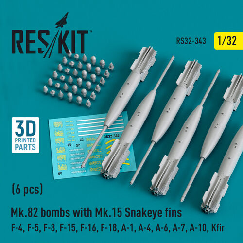 RES/KIT 32-0343 Mk.82 Bombs With Mk.15 Snakeye Fins (6 pcs) (F-4, F-5, F-8, F-15, F-16, F-18, A-1, A-4, A-6, A-7, A-10, Kfir)