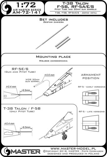 Master AM-72-141 T-38 Talon / F-5B / RF-5A, E, S - Pitot Tube and 20mm gun barrels
