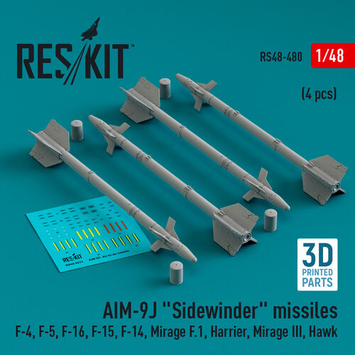 RES/KIT 48-0480 AIM-9J 'Sidewinder' Missiles (4pcs) (F-4, F-5, F-16, F-15, F-14, Mirage F.1, Harrier, Mirage III, Hawk) (3D Printed)