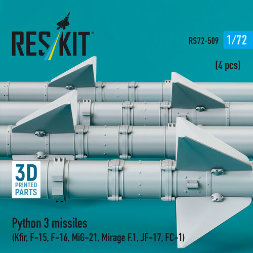 RES/KIT 72-0509 Python 3 Missiles (4pcs) (Kfir, F-15, F-16, MiG-21, Mirage F.1, JF-17, FC-1) (3D Printed)
