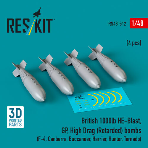 RES/KIT 48-0512 British 1000lb HE-Blast, GP, High Drag (Retarded) Bombs (4pcs) (F-4, Canberra, Buccaneer, Harrier, Hunter, Tornado) (3D Printed)