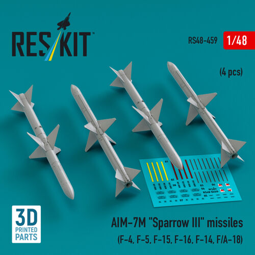 RES/KIT 48-0459 AIM-7M 'Sparrow III' Missiles (4 pcs) (F-4, F-5, F-15, F-16, F-14, F/A-18) (3D Printed)
