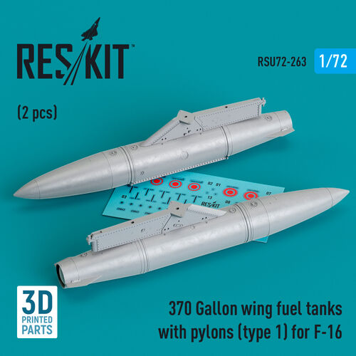 RES/KIT U72-0263 370 Gallon Wing Fuel Tanks With Pylons (Type 1) For F-16 (2pcs) (3D Printed)